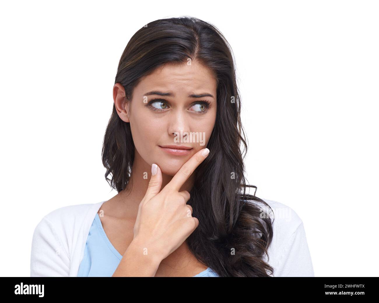 Portrait, woman and anxiety on isolated white background for thinking ...