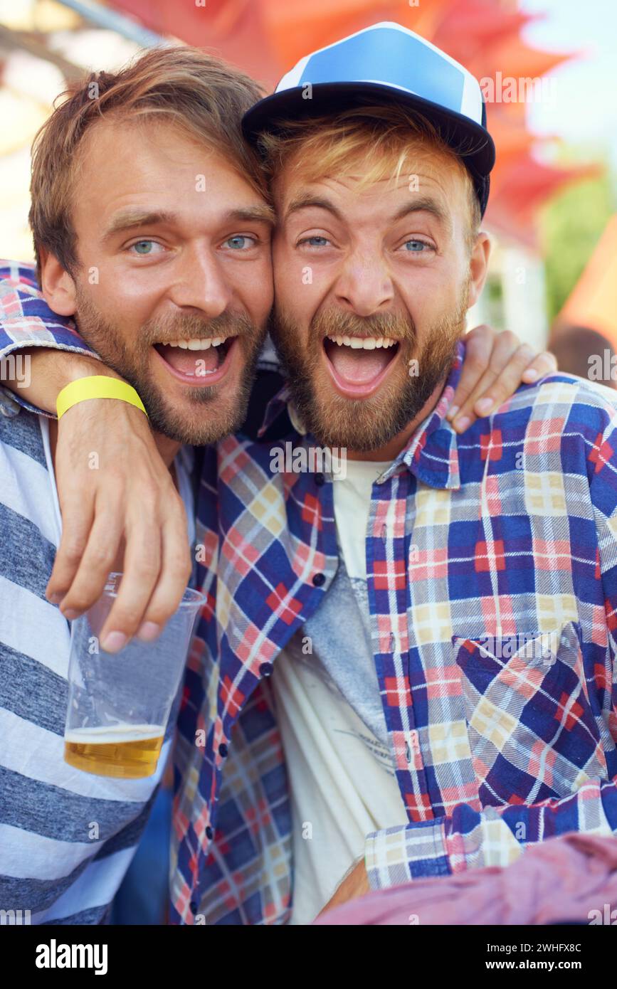 Happy, men and celebration in portrait at festival, forest and reunion ...