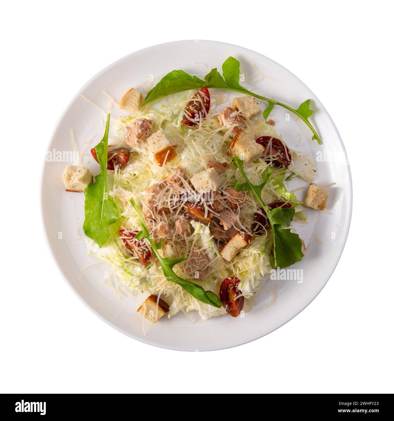 Plate with Traditional Caesar Salad with Chicken and Bacon isolated on ...