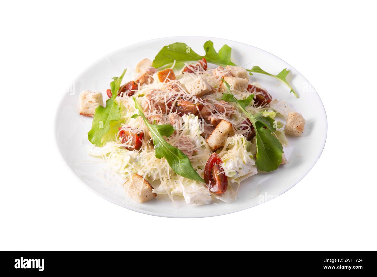 Plate with Traditional Caesar Salad with Chicken and Bacon isolated on ...