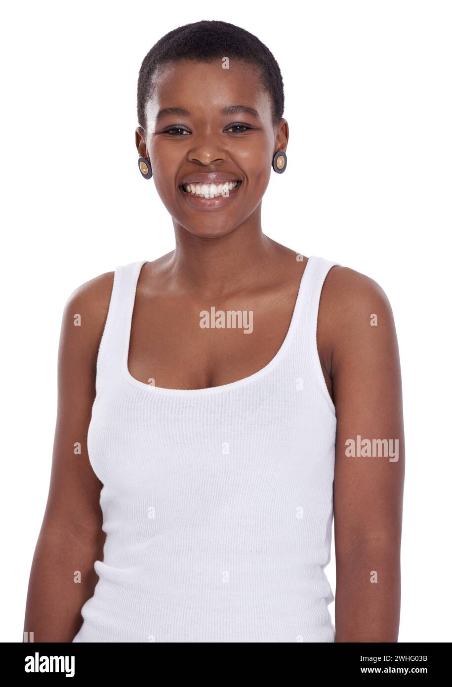 White background, fashion and portrait of woman with smile, vest and ...