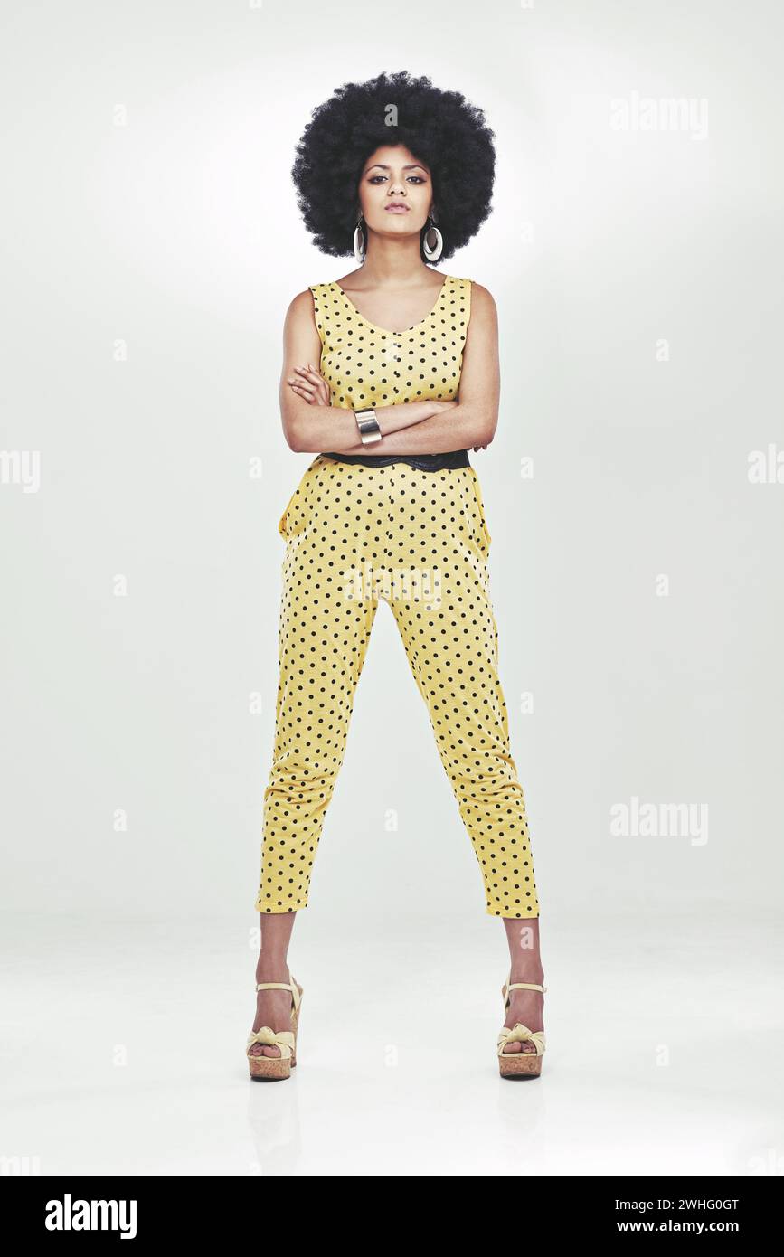 Black woman, fashion and retro with portrait serious face in studio for ...