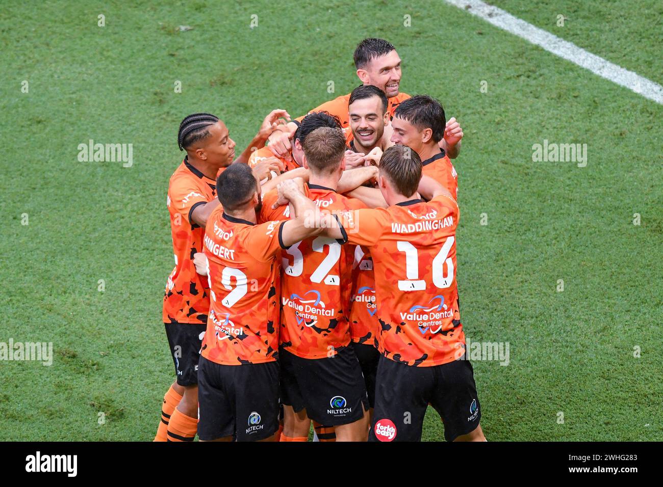 Kai Trewin of Brisbane Roar celebrates goal at round 16 of the A-League ...