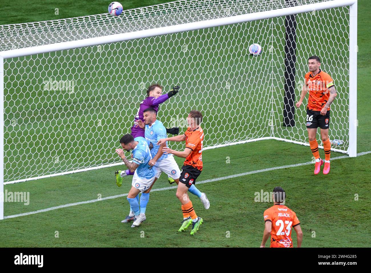 Macklin Freke of Brisbane Roar defending a corner kick at round 16 of ...