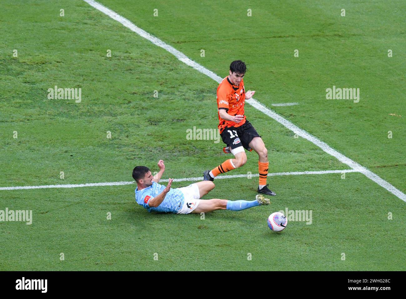 Henry Hore of Brisbane Roar crosses into the box at round 16 of the A ...