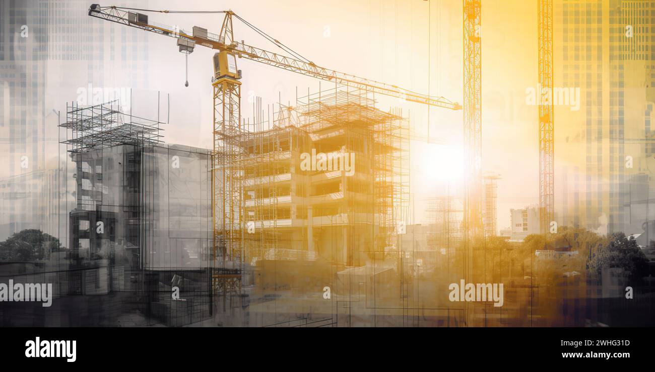 Construction site background. Hoisting cranes and new multi-storey ...