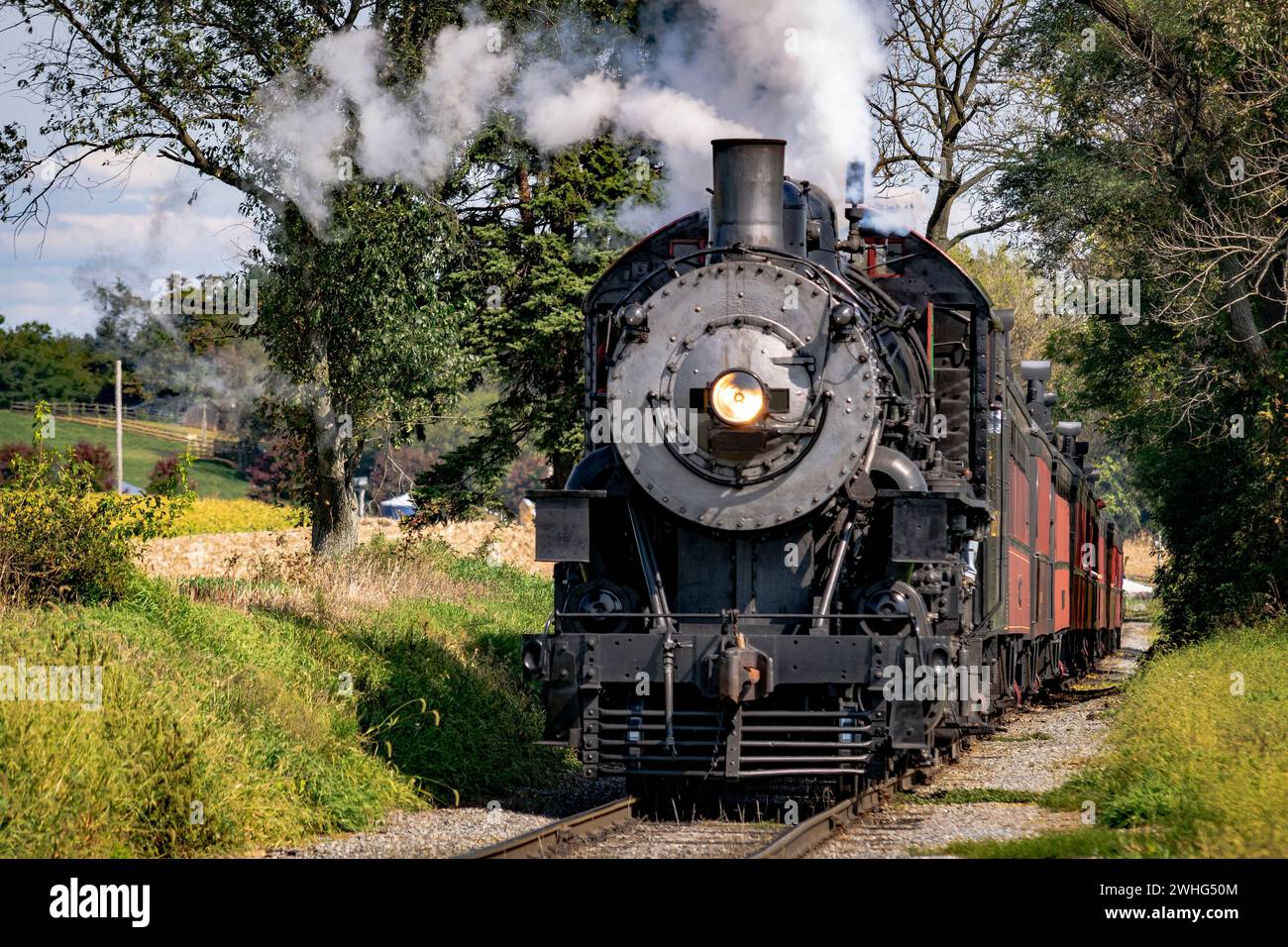 View of an Antique Steam Locomotive Approaching Thru Trees Stock Photo ...