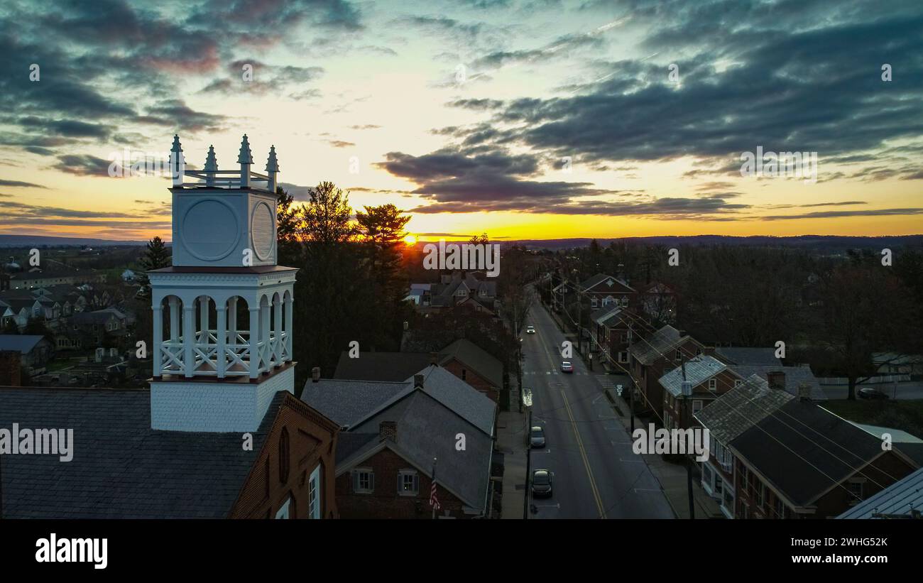 Aerial View of a Sunrise in a Small Town With Light Coming Over Horizon ...