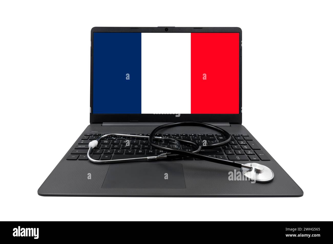 Laptop with France flag on screen and medical stethoscope, isolated on ...