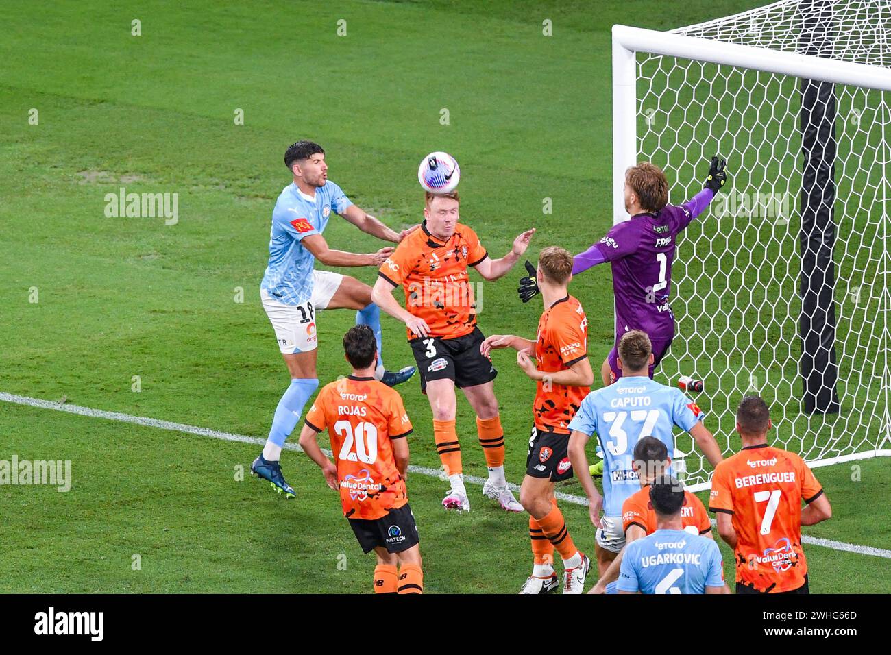 Corey Brown of Brisbane Roar defends with a header at round 16 of the A ...