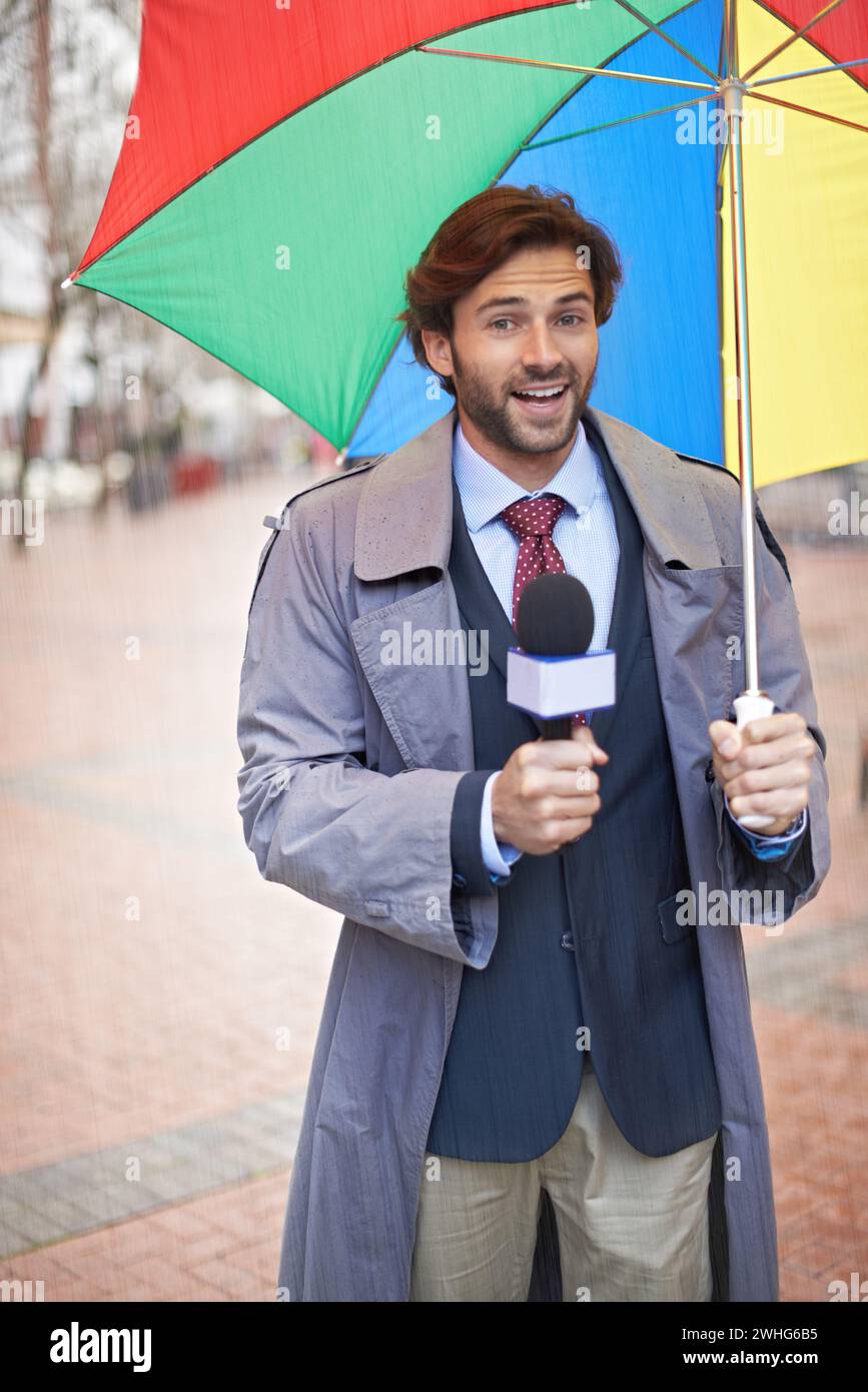 Weather, man and reporting on rain, umbrella and journalism with media ...