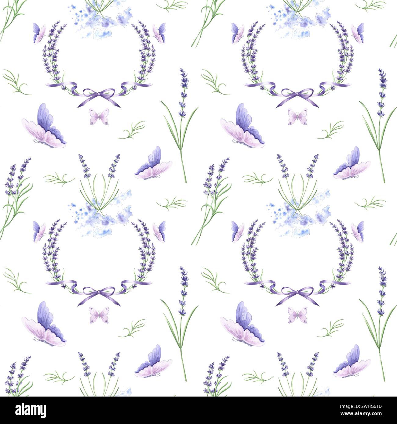 Seamless pattern with frames of purple lavender flowers, bow and ...