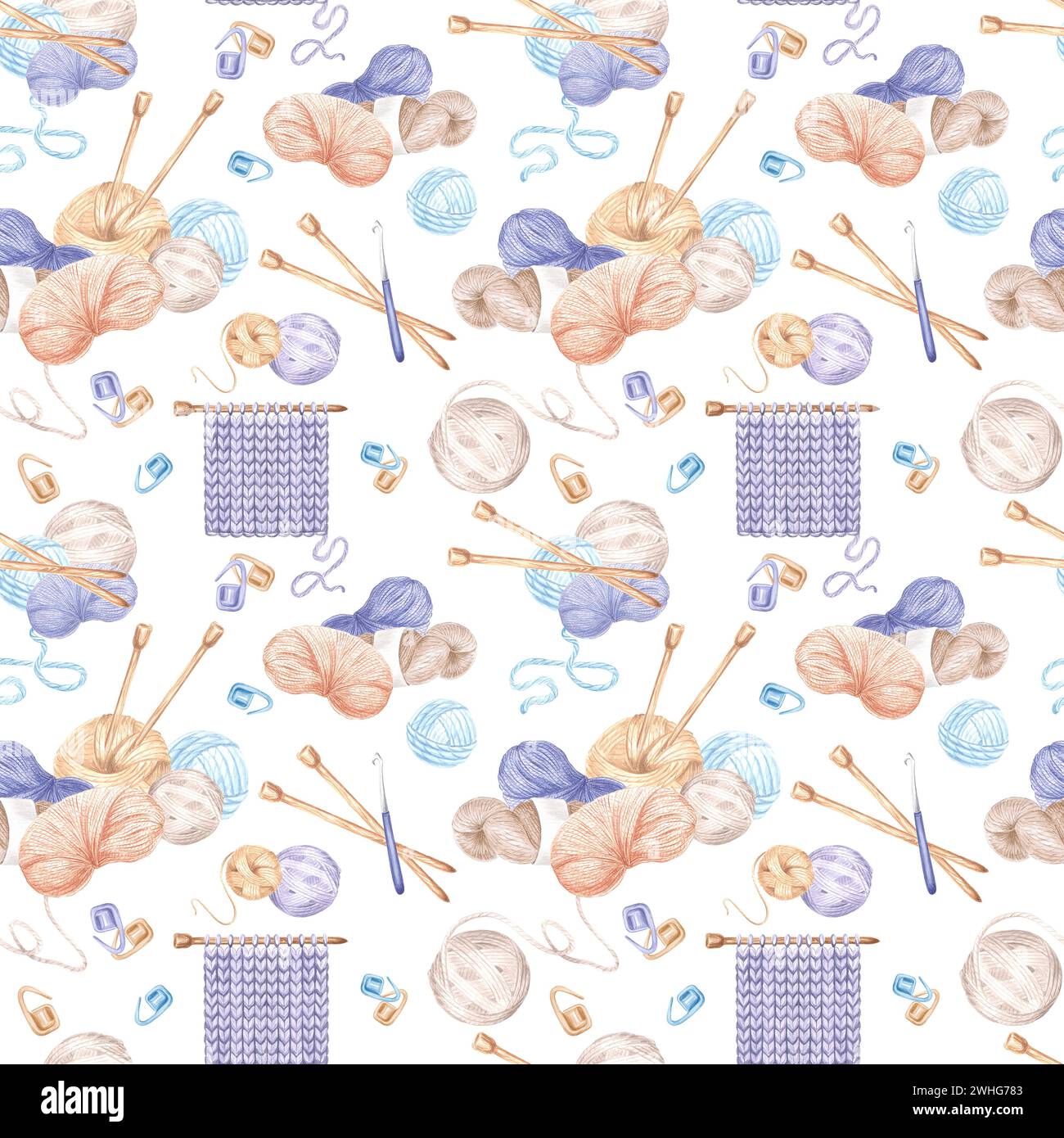 Seamless pattern of skein and ball of yarn, fabric sample and knitting ...