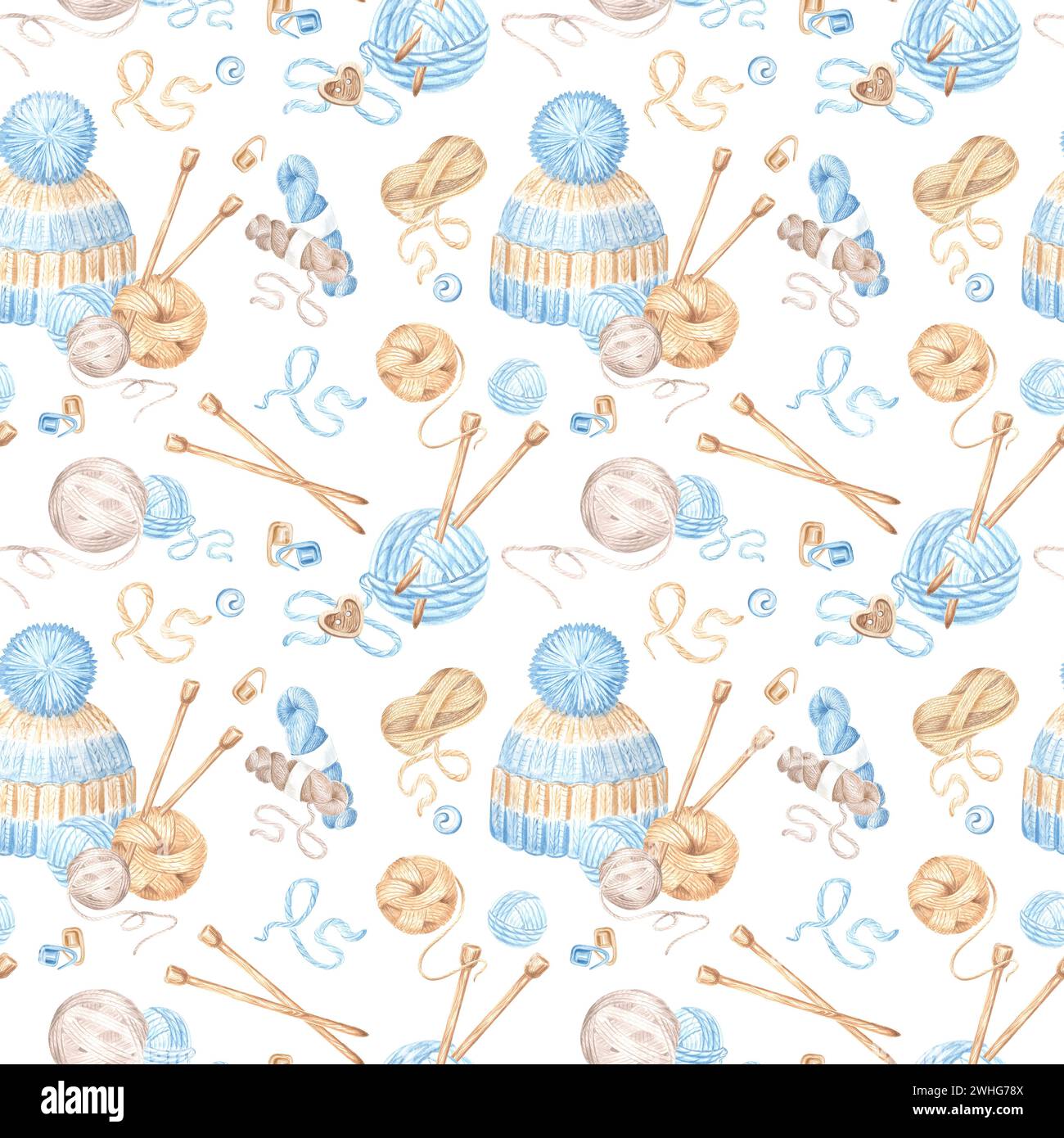 Seamless pattern of balls and skeins of wool, knitting needles and hat ...