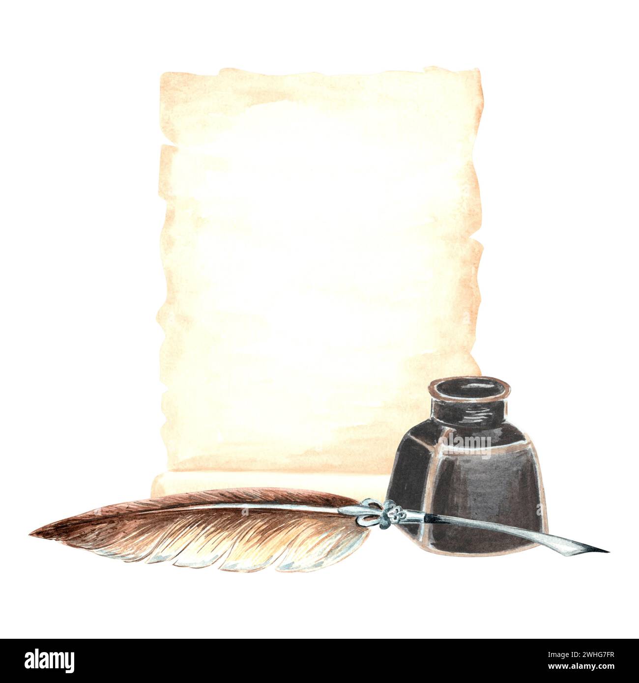 Sheet of parchment paper and inkwell with feather pen. Vintage writing ...
