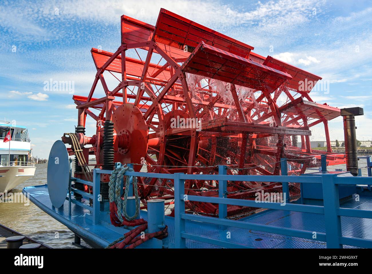 Red paddle wheel of a paddle steamer in the port of Hamburg, the ...