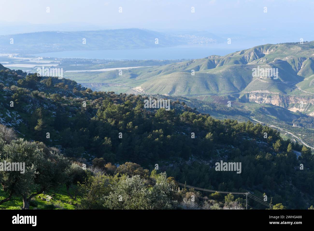 View at the sea of Galilee and the Golan heights on the border between ...