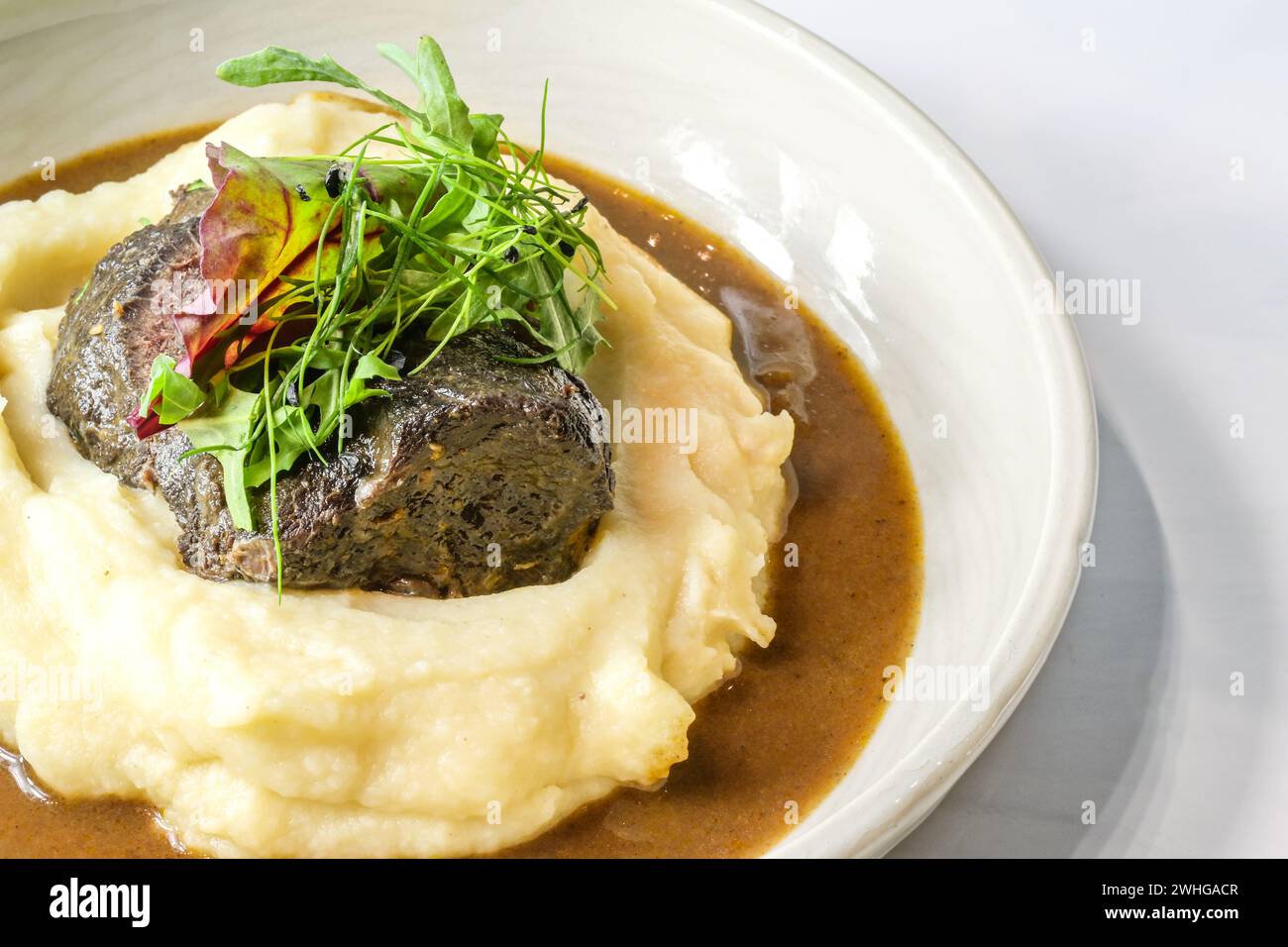 Braised ox cheeks on celery potato puree with brown sauce and wild herb ...