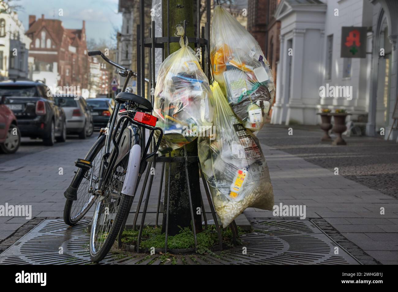 Lubeck, Germany, April 11, 2022: Garbage bags with collected recycling ...