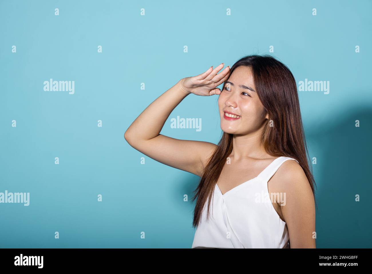 Portrait young woman hand up cover face protect sun light and UV Stock ...