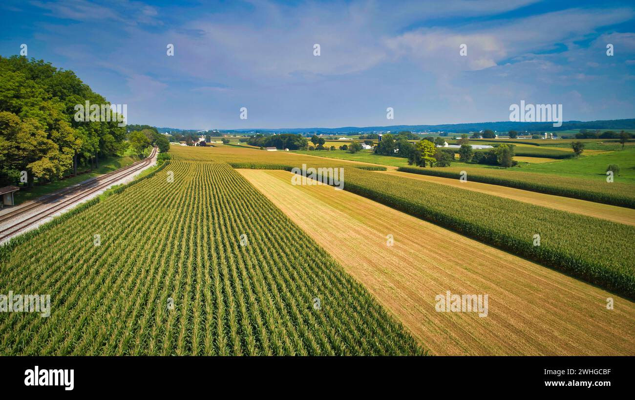 Drone View of Amish Countryside With Barns and Silos and a Single ...