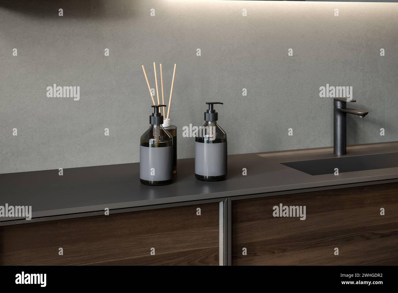 3D render close up perspective blank empty space on black ceramic ...