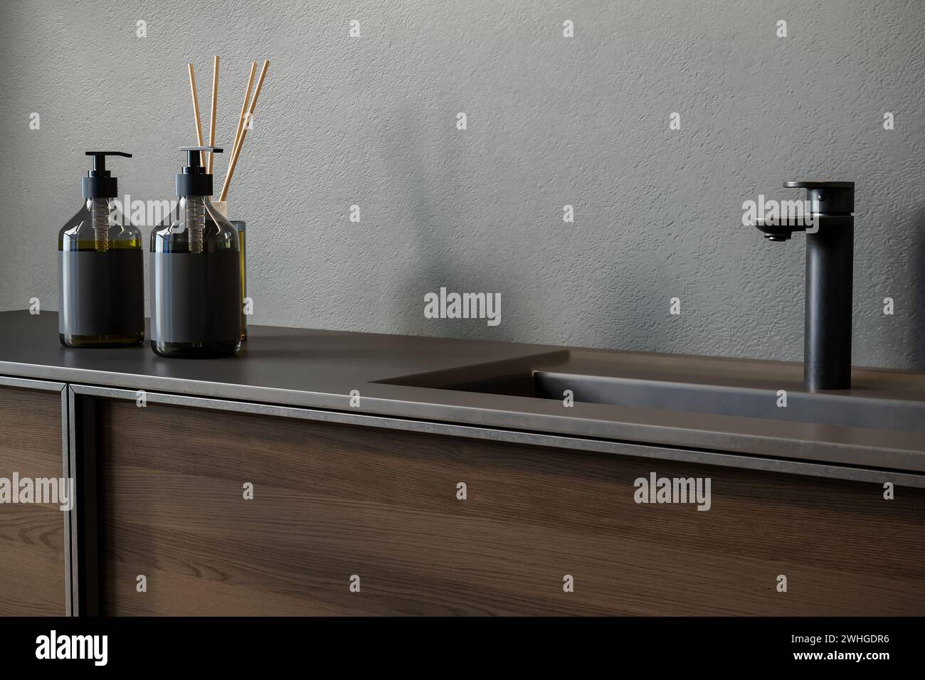 3D render close up perspective blank empty space on black ceramic ...