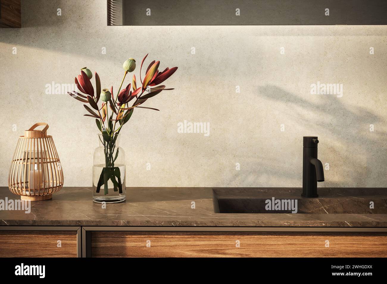 Minimalistic bathroom featuring a marble basin with black faucet and ...