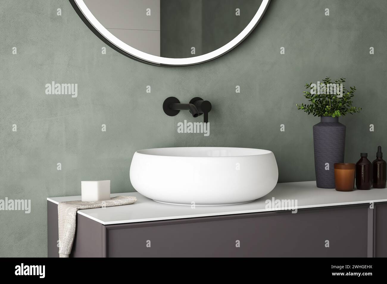 3D render close up perspective blank empty space on ceramic vanity unit ...