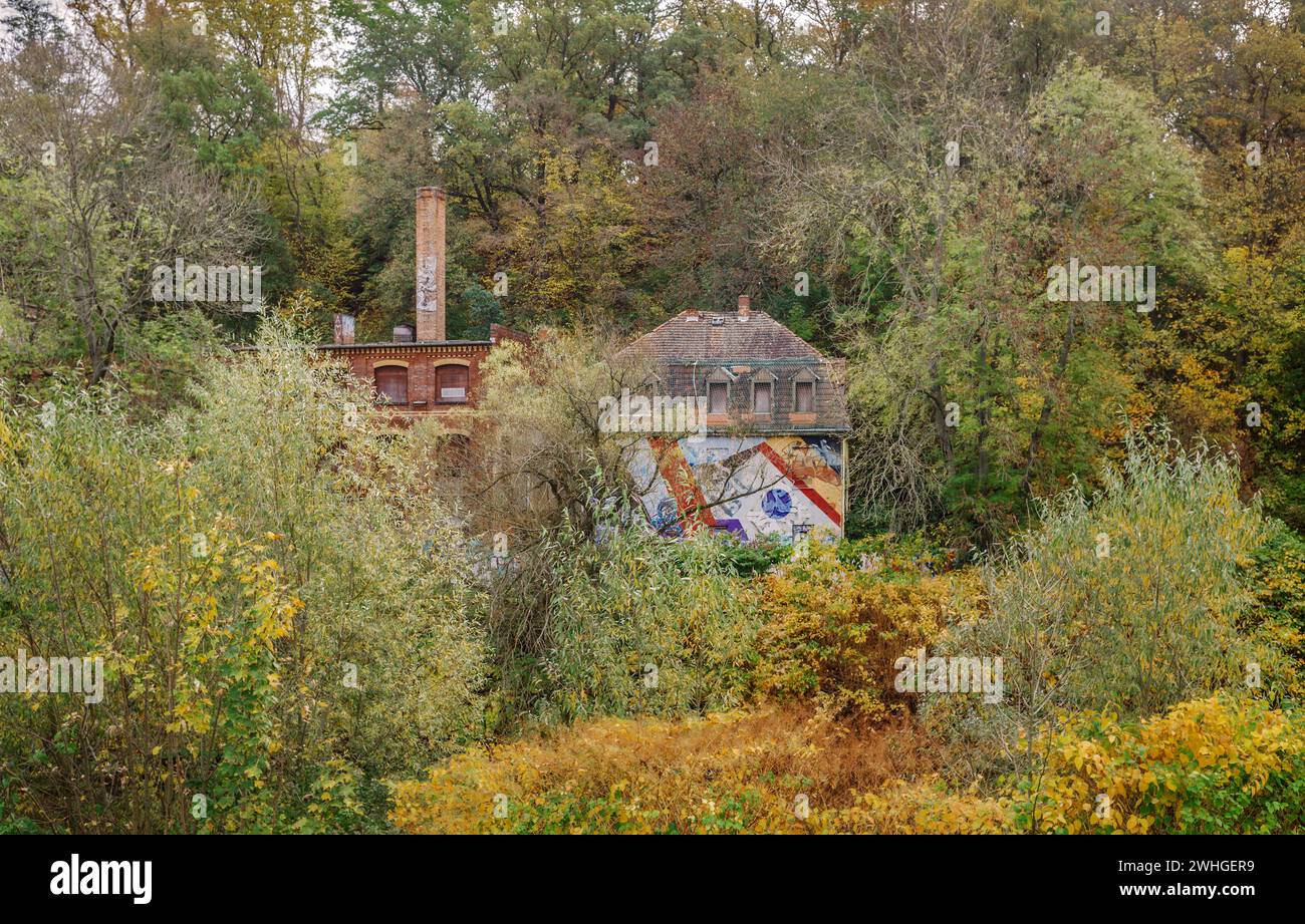 The old factory behind the trees Stock Photo - Alamy