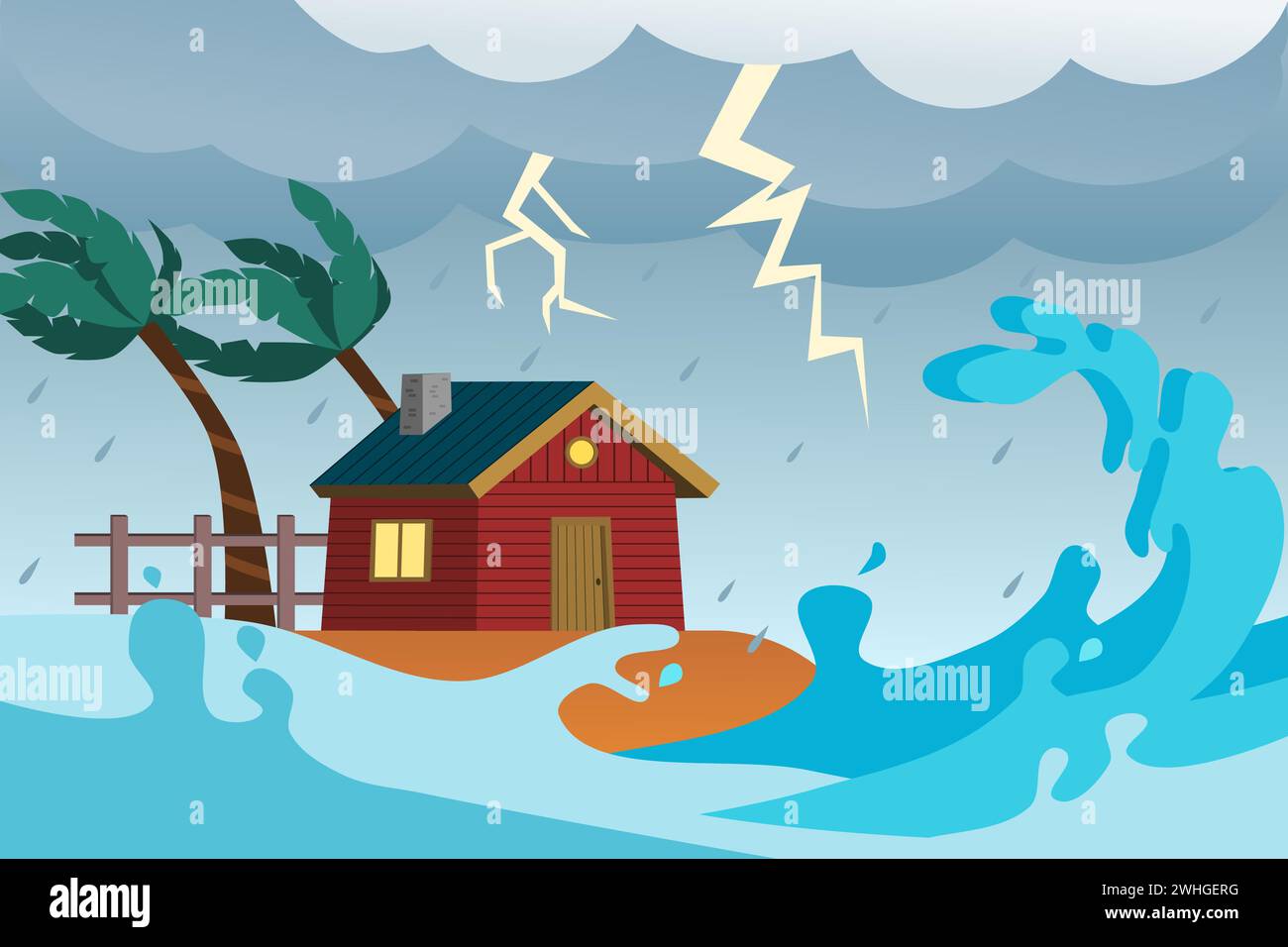 Tsunami seascape storm landscape. Big waves and a house on the beach ...