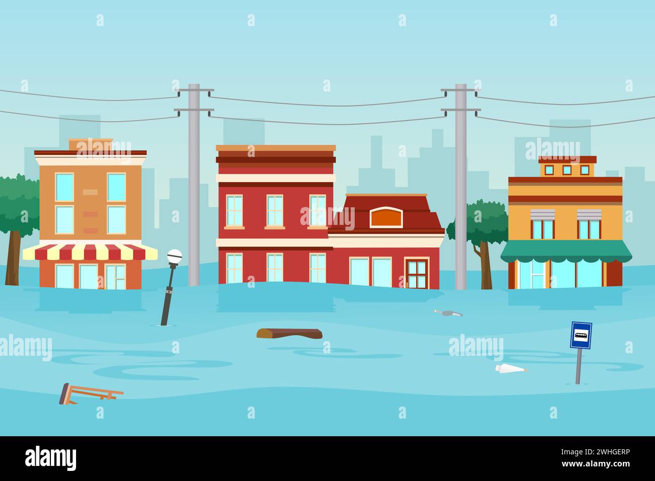 Flood disaster in town. Flooded buildings. Vector illustration Stock ...