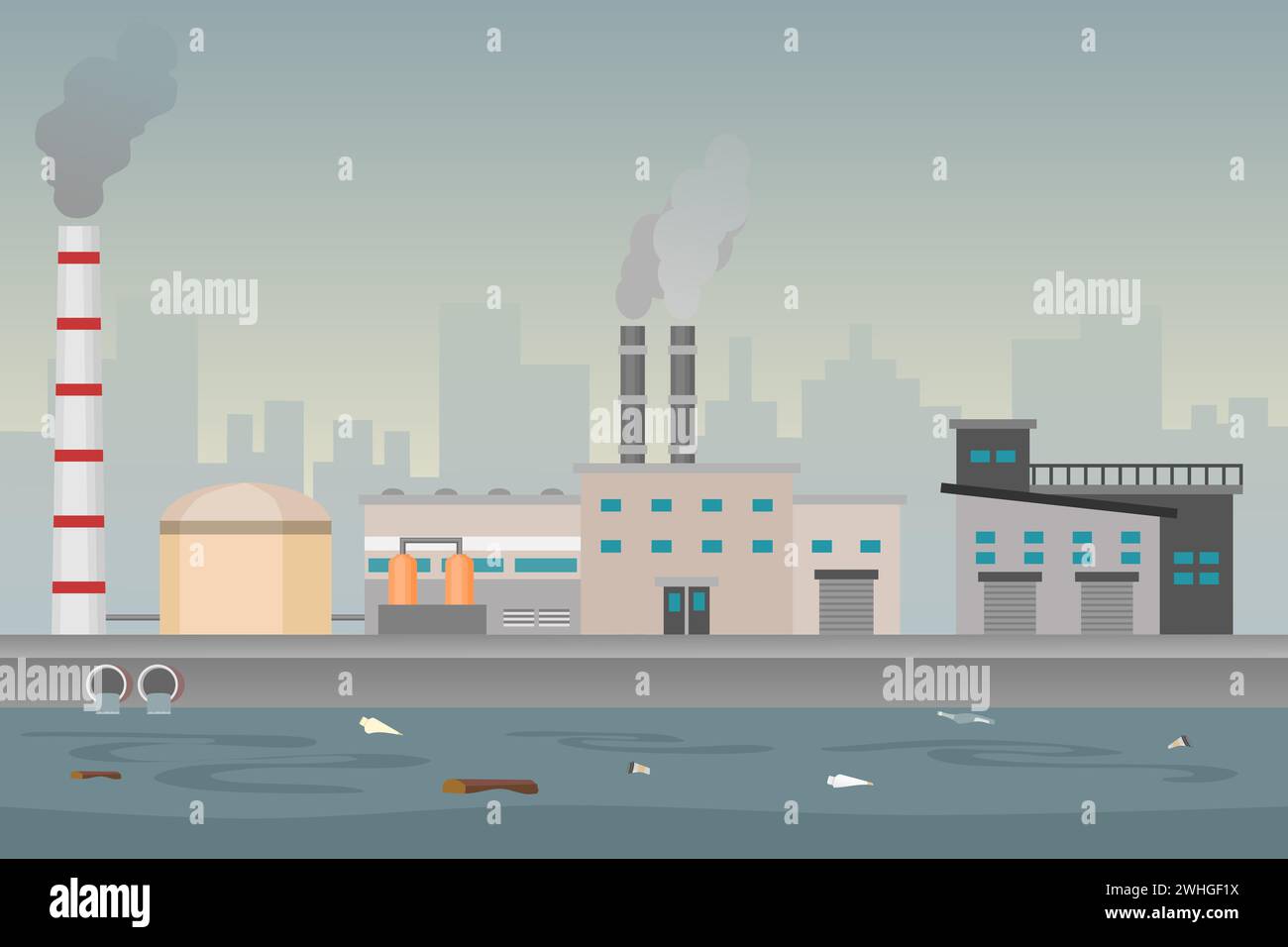 Air and water pollution by industrial production. Factory industry ...