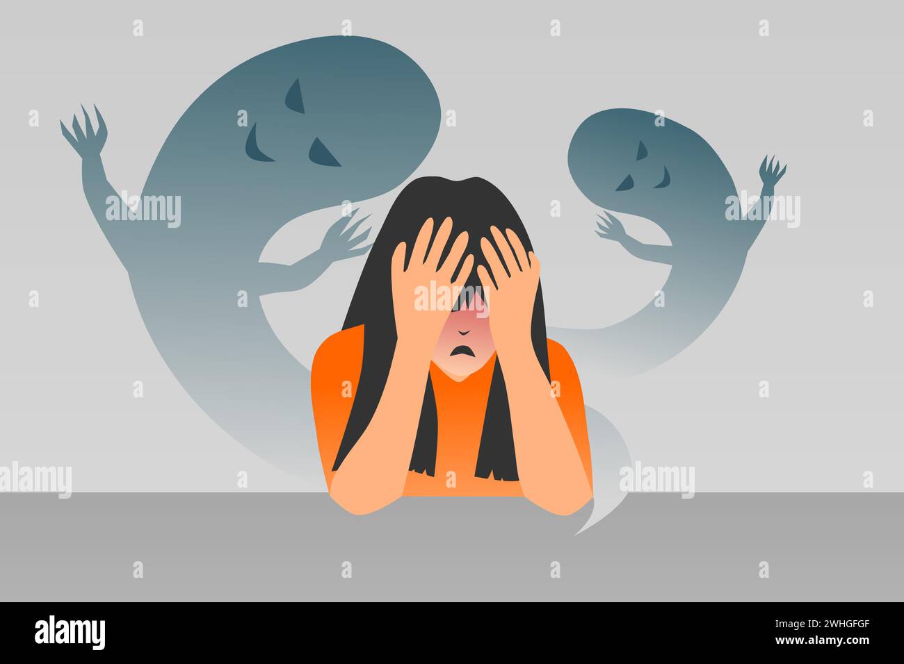 Fear, panic, phobia, frustration attack concept. Frightened woman with ...