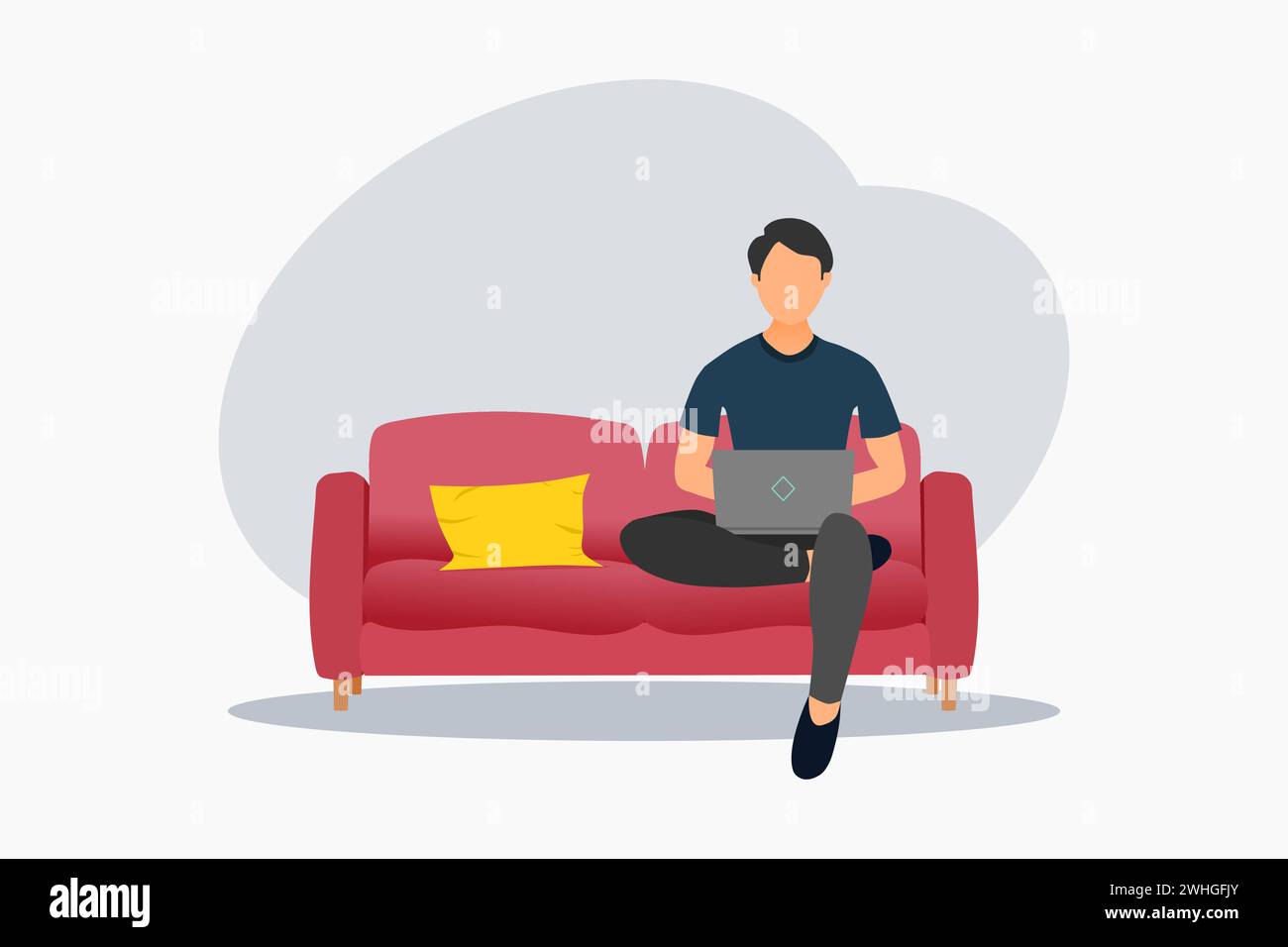 A young man sitting on the red sofa and working on a laptop. Vector ...