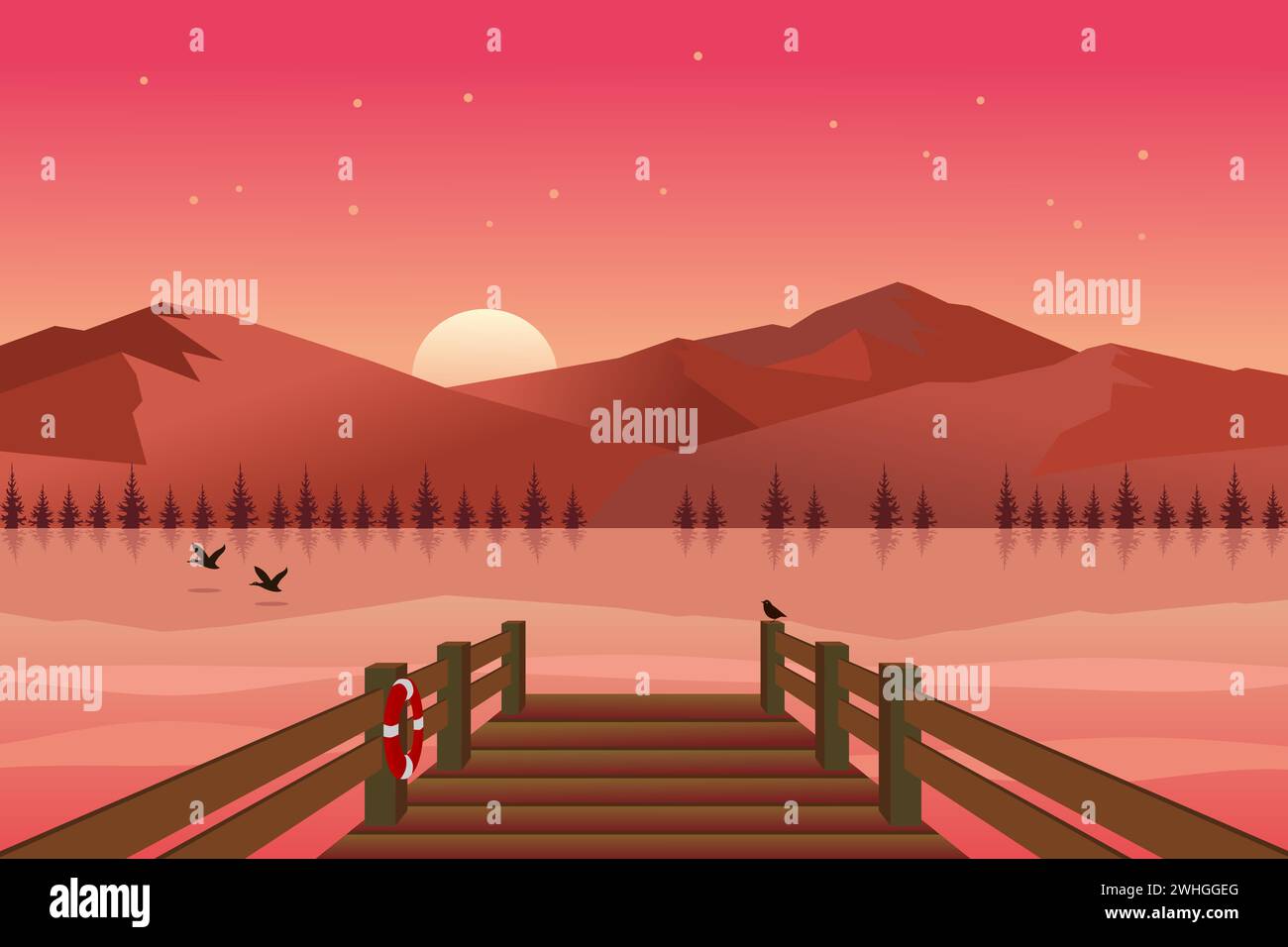 Seashore wooden pier with lake and mountains at sunset. Vector ...