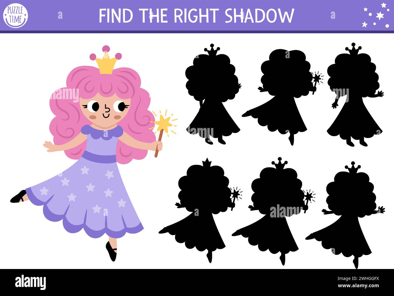 Shadow matching activity with little fairy in purple dress. Magic world ...