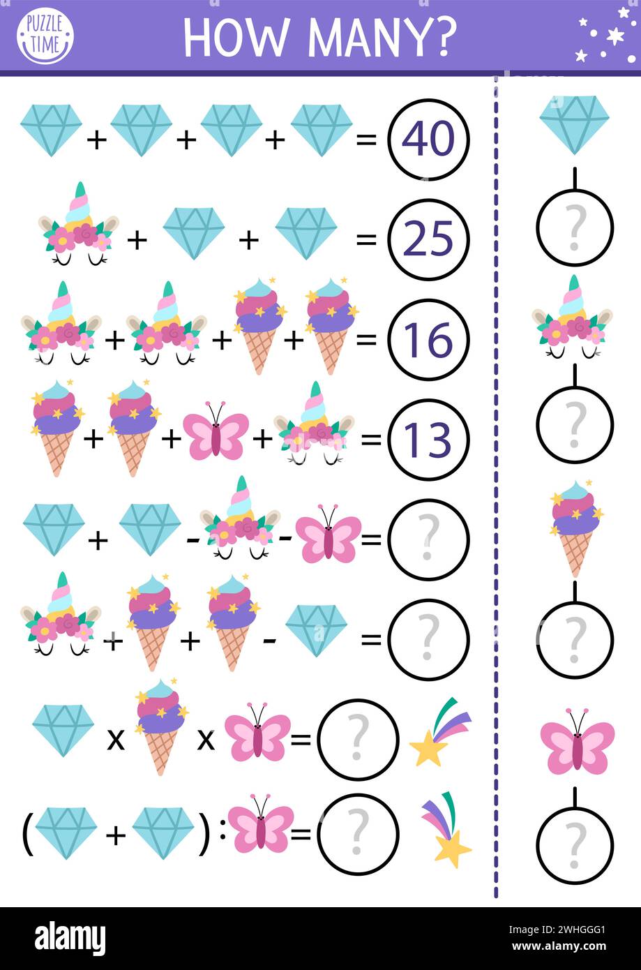 Fairytale how many crystals game, equation or rebus. Unicorn math ...