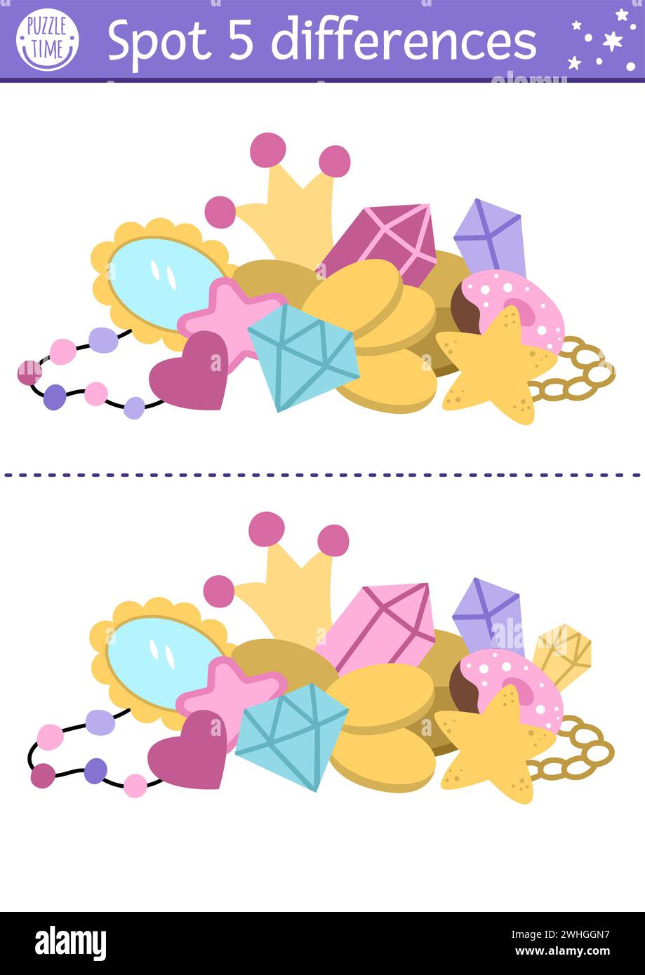 Find differences game for children with unicorn treasures. Fairytale ...