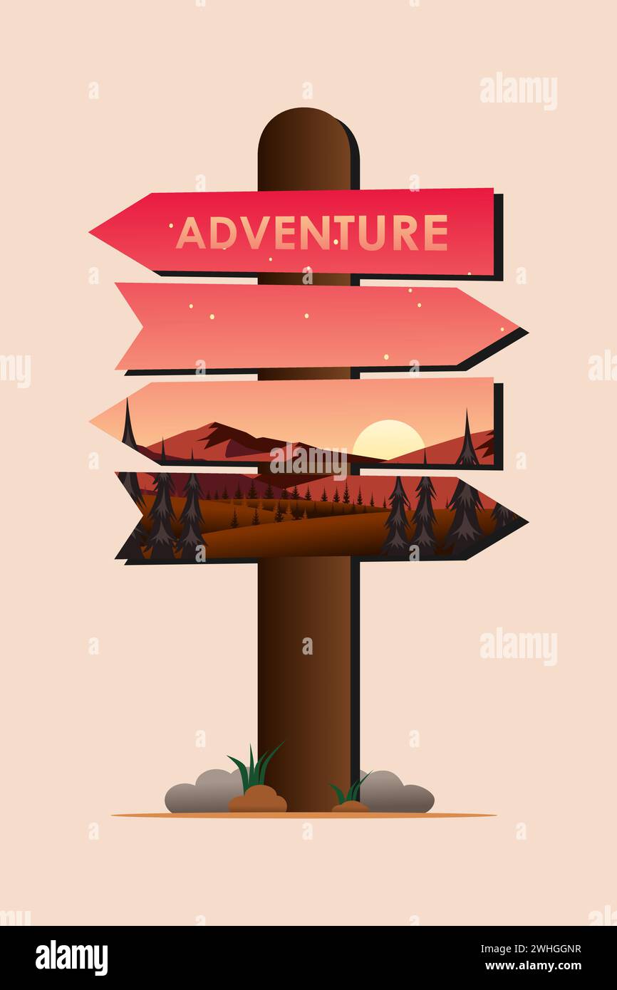Direction Signboard with sunset nature landscape. Adventure sign ...
