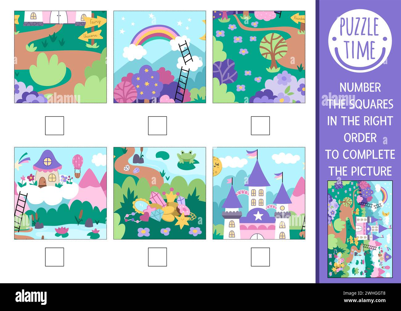 Vector unicorn activity. Fairytale complete the picture logic game with ...