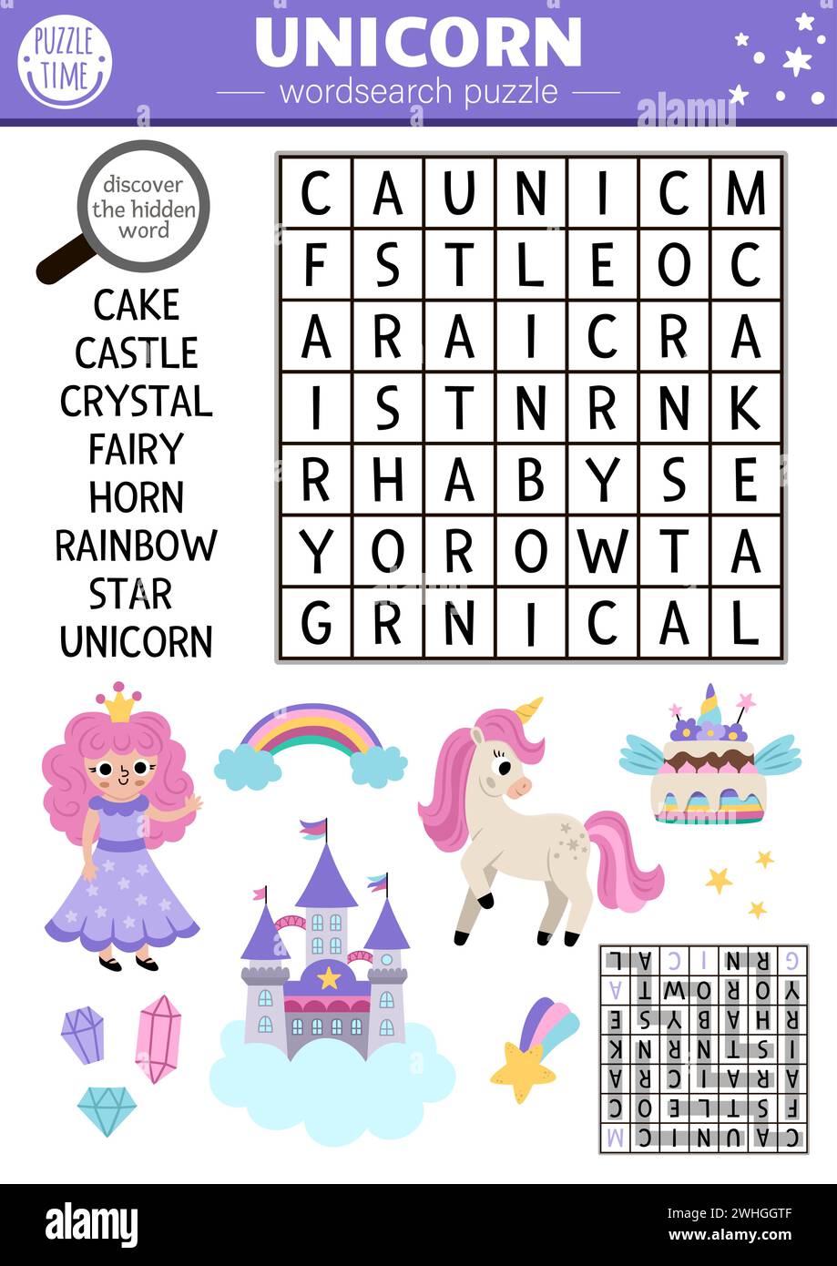 Vector unicorn wordsearch puzzle for kids. Simple magic word search ...