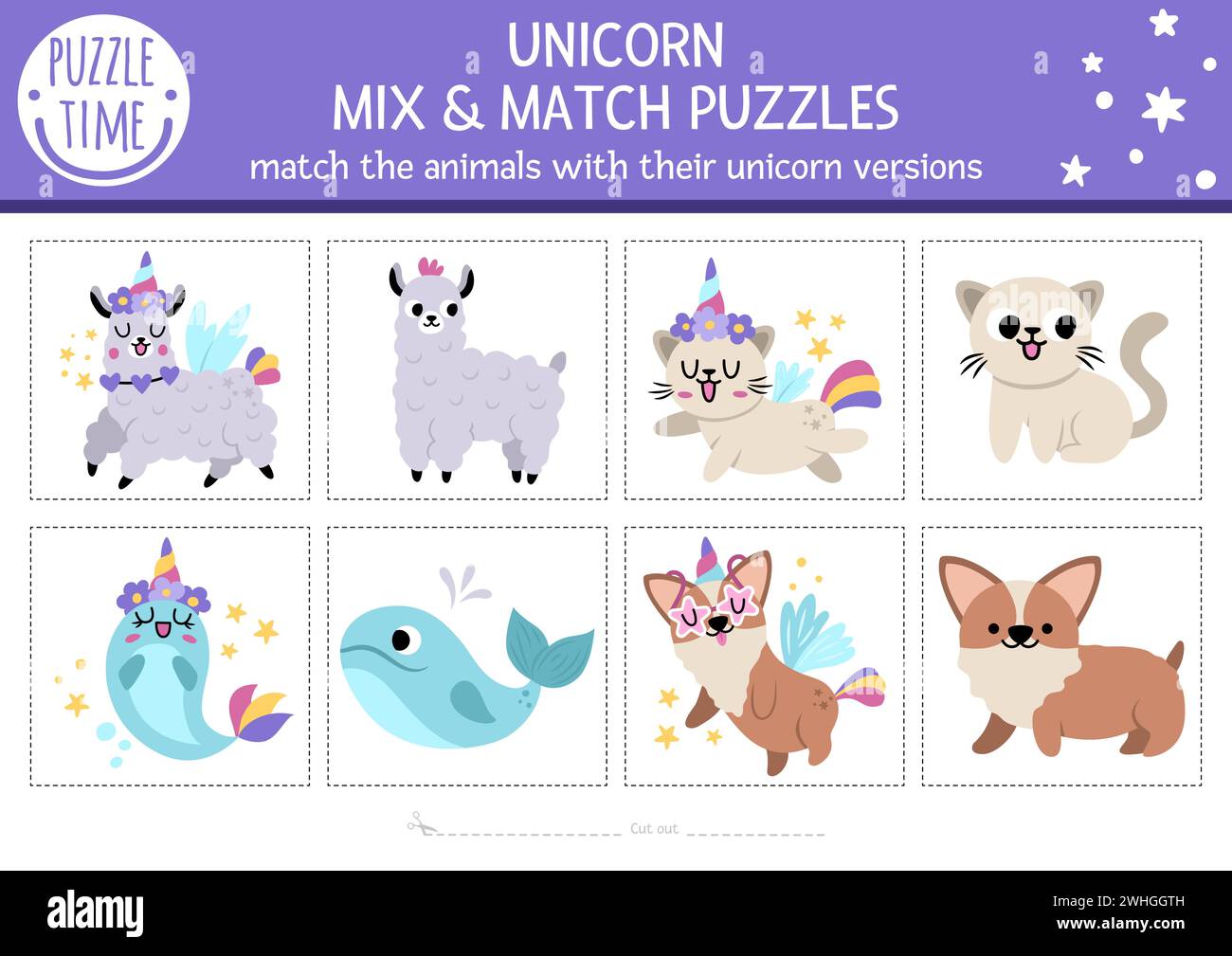 Vector mix and match puzzle with cute animals turned into unicorns ...