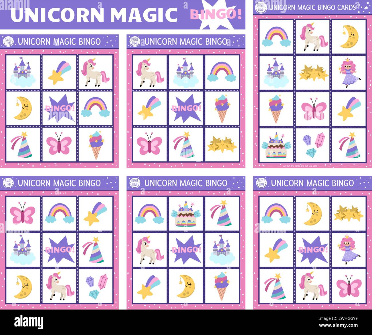 Vector unicorn bingo cards set. Fun family lotto board game with cute ...