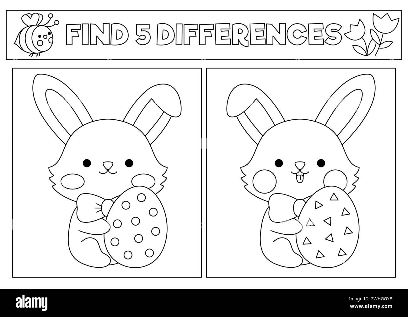 Easter black and white kawaii find differences game. Coloring page with ...