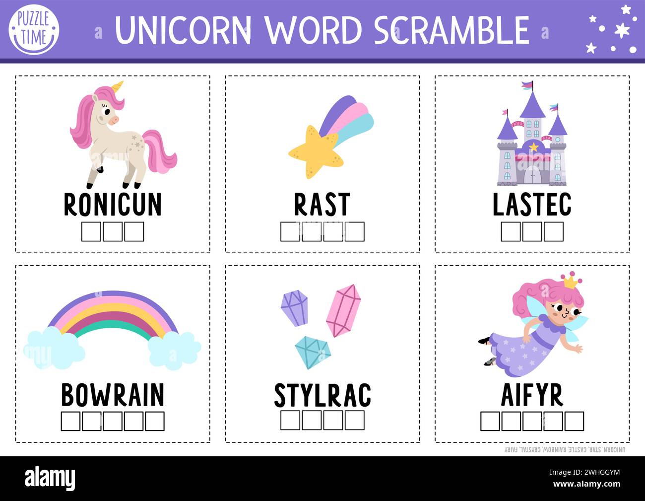 Vector unicorn word scramble activity page. English language game with ...