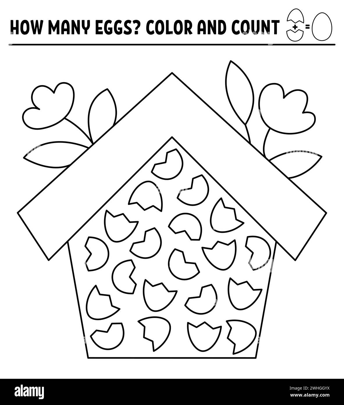 Vector black and white Easter coloring and math puzzle with bird house ...
