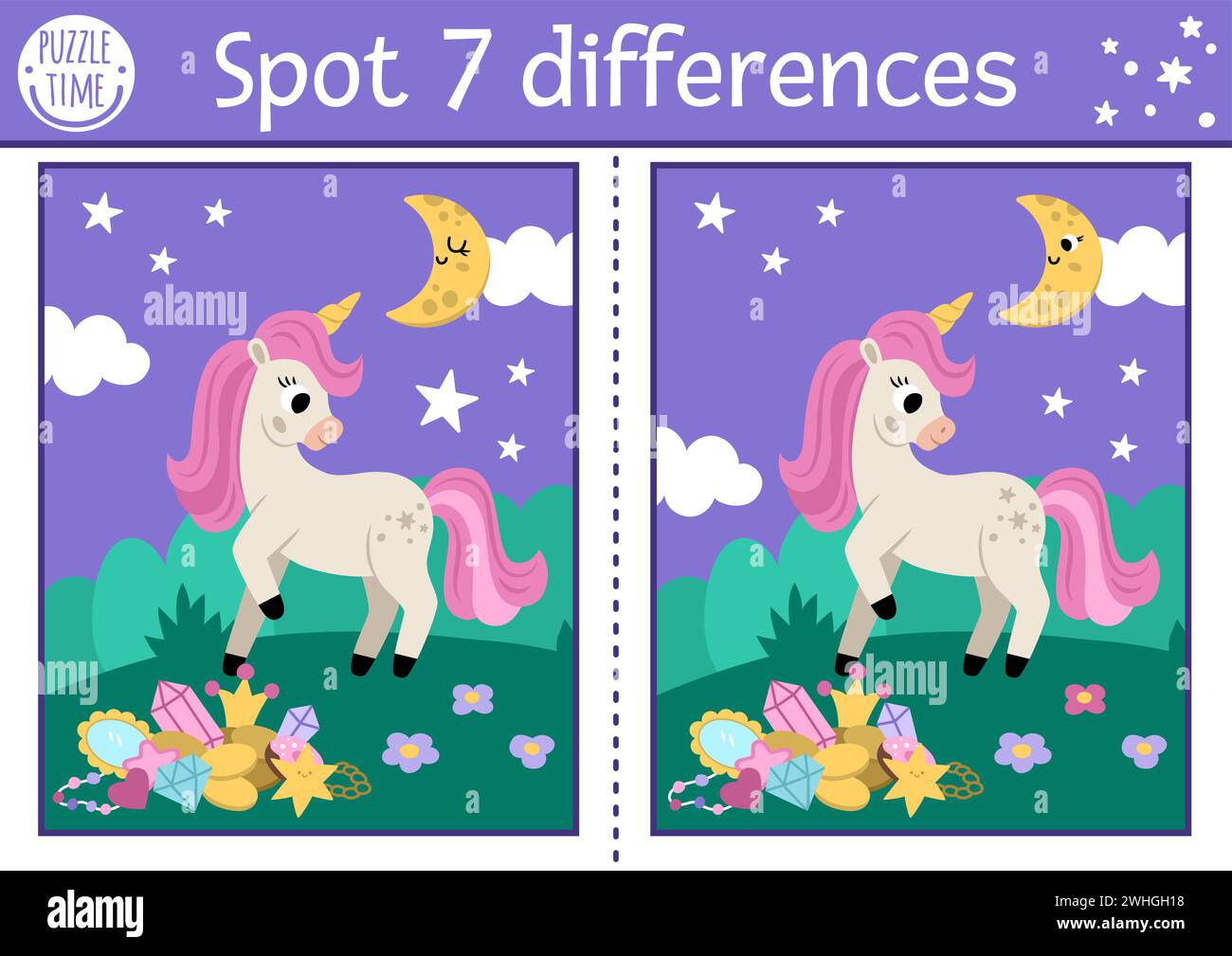 Unicorn find differences game for children. Fairytale activity with ...