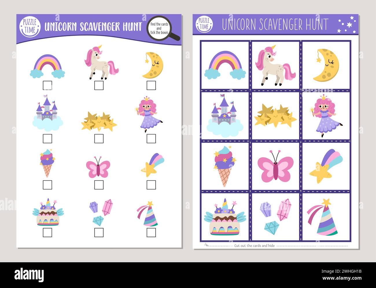Vector unicorn scavenger hunt cards set. Seek and find game with cute ...