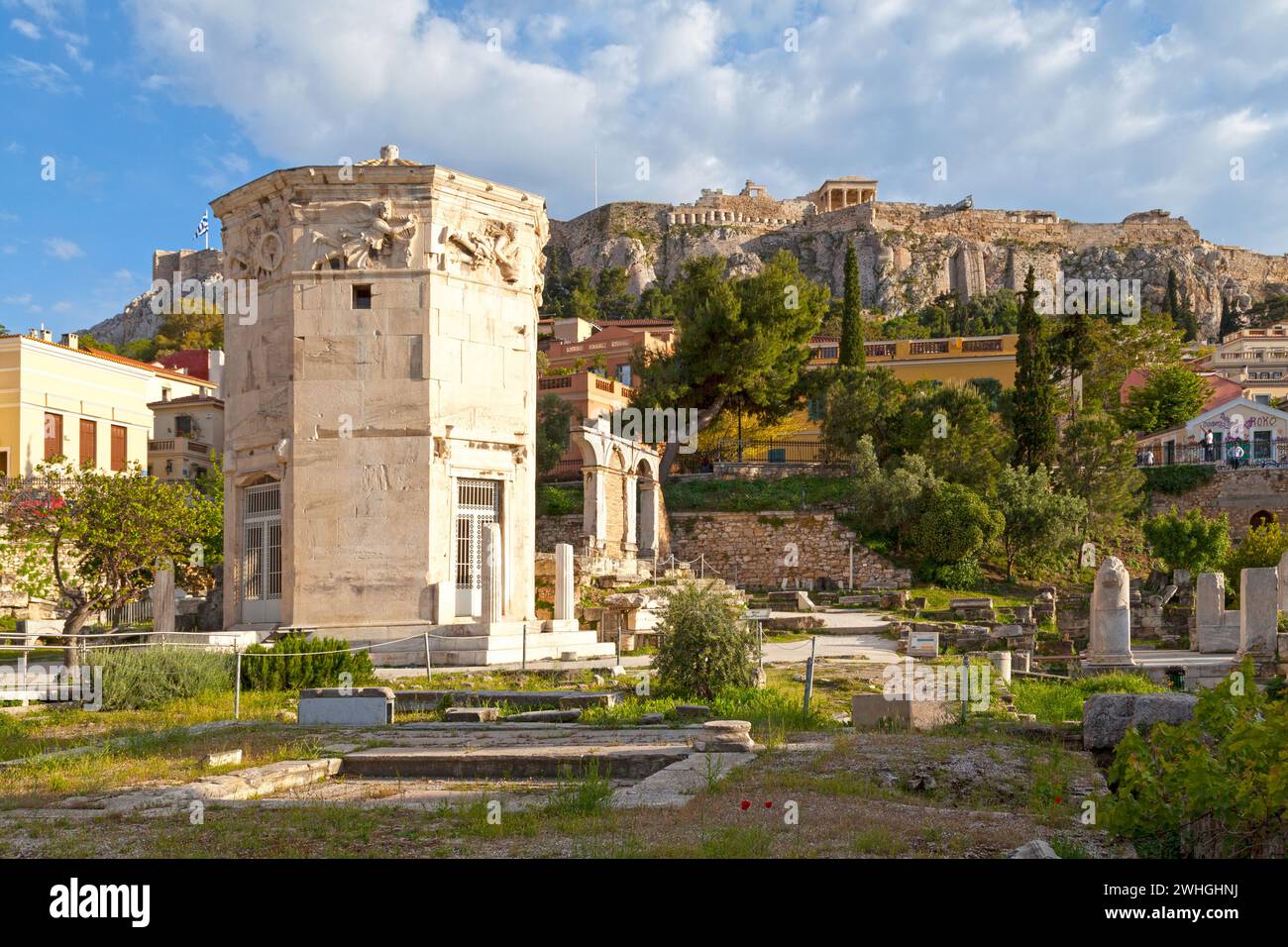 Athens, Greece - April 27 2019: The ruins of the Roman forum and the ...
